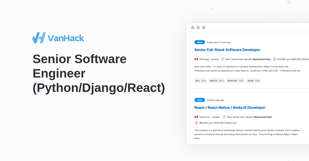 Senior Software Engineer (Python/Django/React) - VanHack
